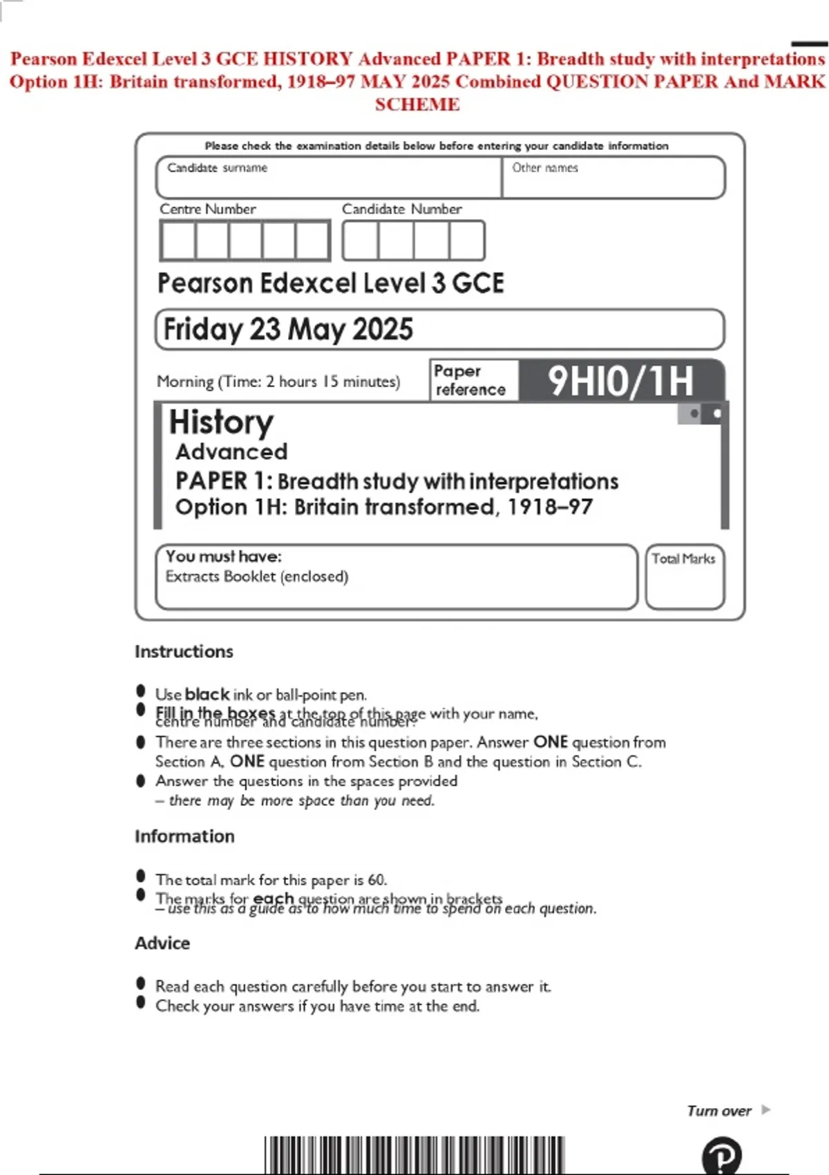 Pearson Edexcel Level 3 GCE HISTORY Advanced PAPER 1: Breadth study ...