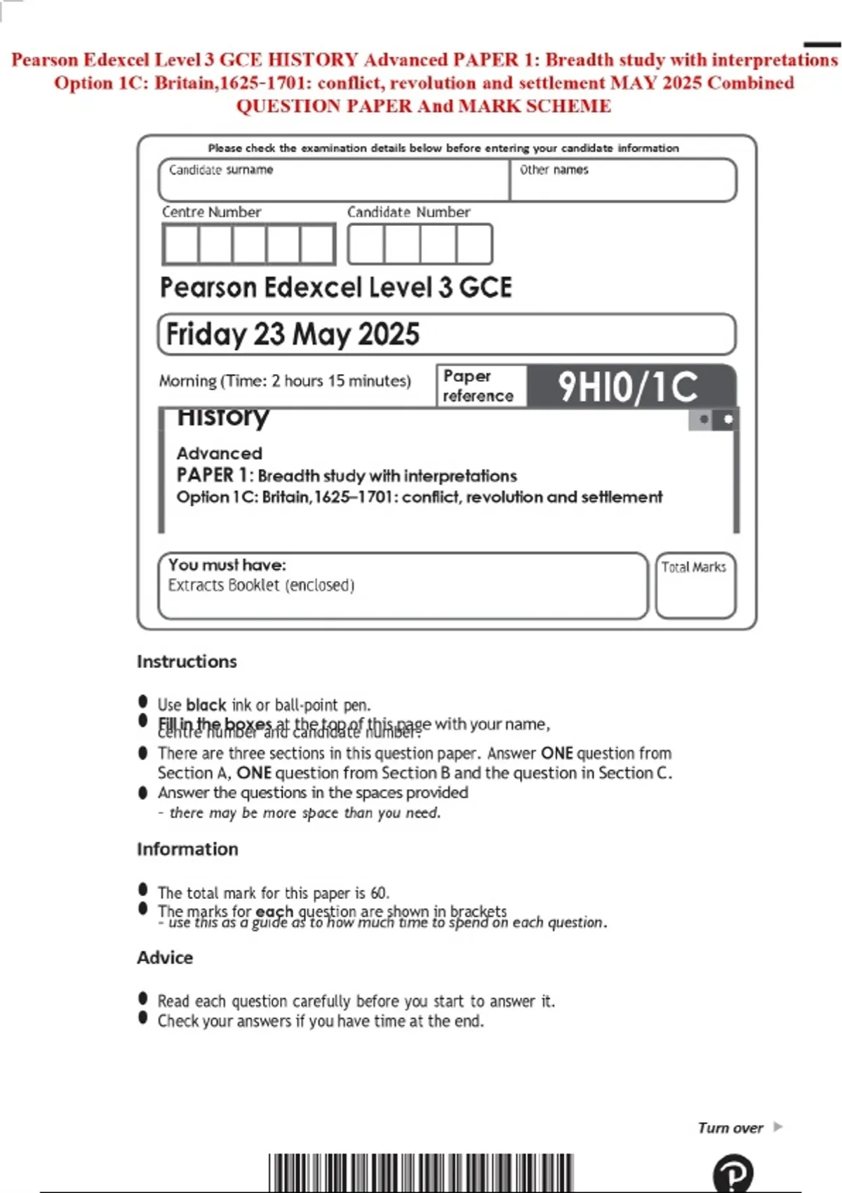 Pearson Edexcel Level 3 GCE HISTORY Advanced PAPER 1: Breadth study ...