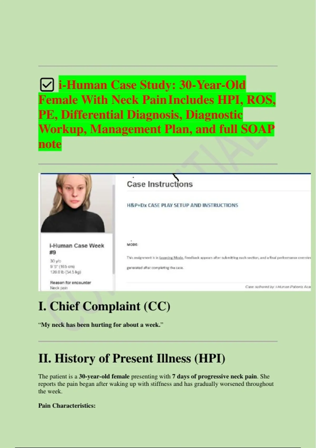 i-Human Case Study: 30-Year-Old Female With Neck Pain Includes HPI, ROS ...
