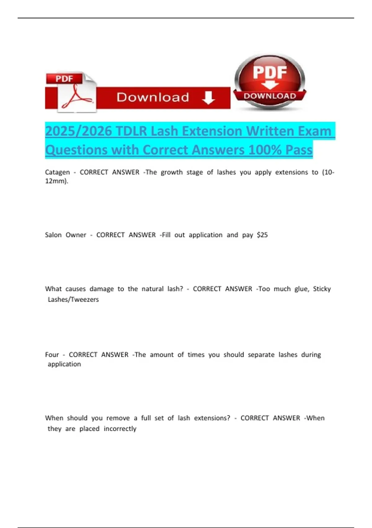 TDLR Lash Extension Written Exam Questions with Correct Answers 100 ...