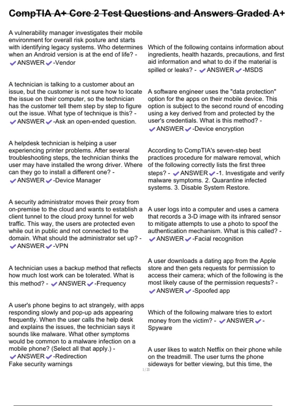 CompTIA A+ Core 2 Test Questions and Answers Graded A+ - CompTIA A+ ...