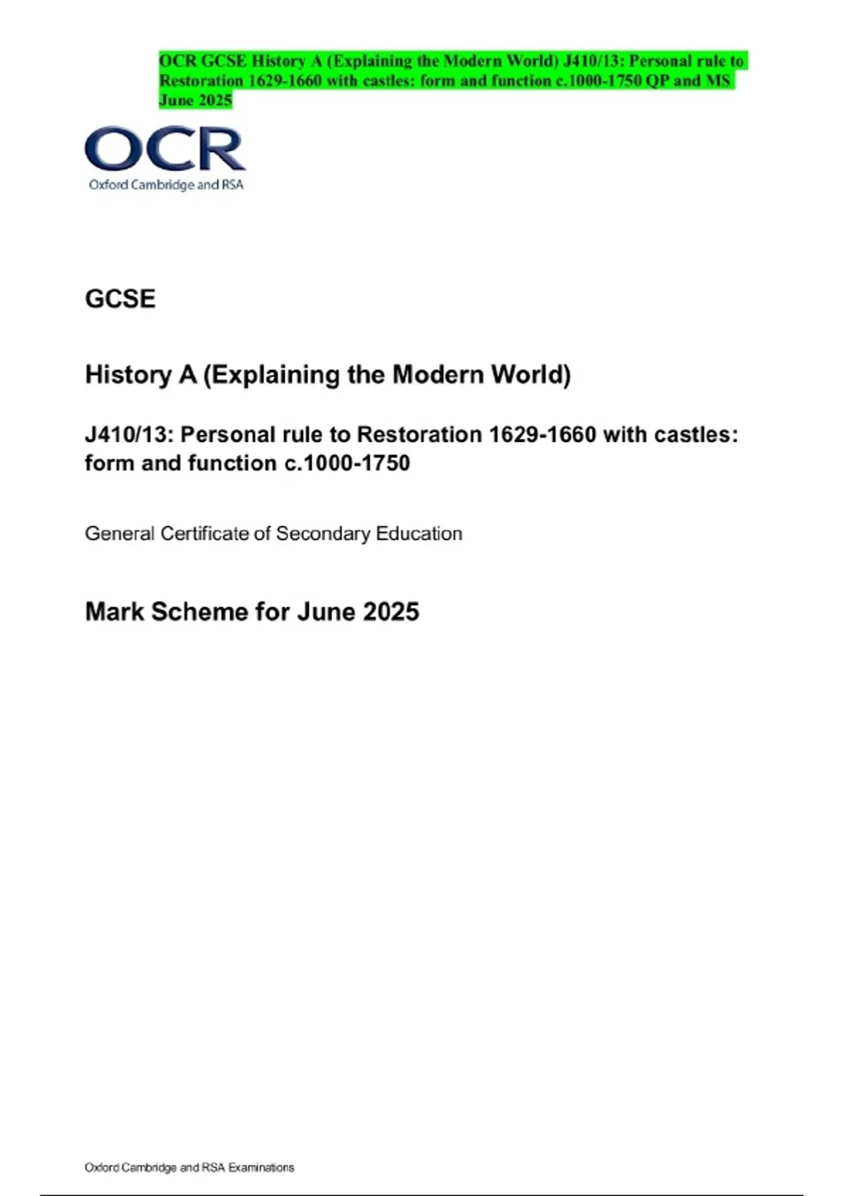 OCR GCSE History A (Explaining the Modern World) J410/13: Personal rule ...