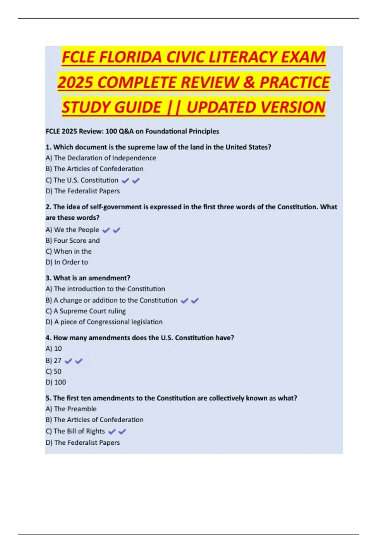 FCLE FLORIDA CIVIC LITERACY EXAM 2025 COMPLETE REVIEW & PRACTICE STUDY ...