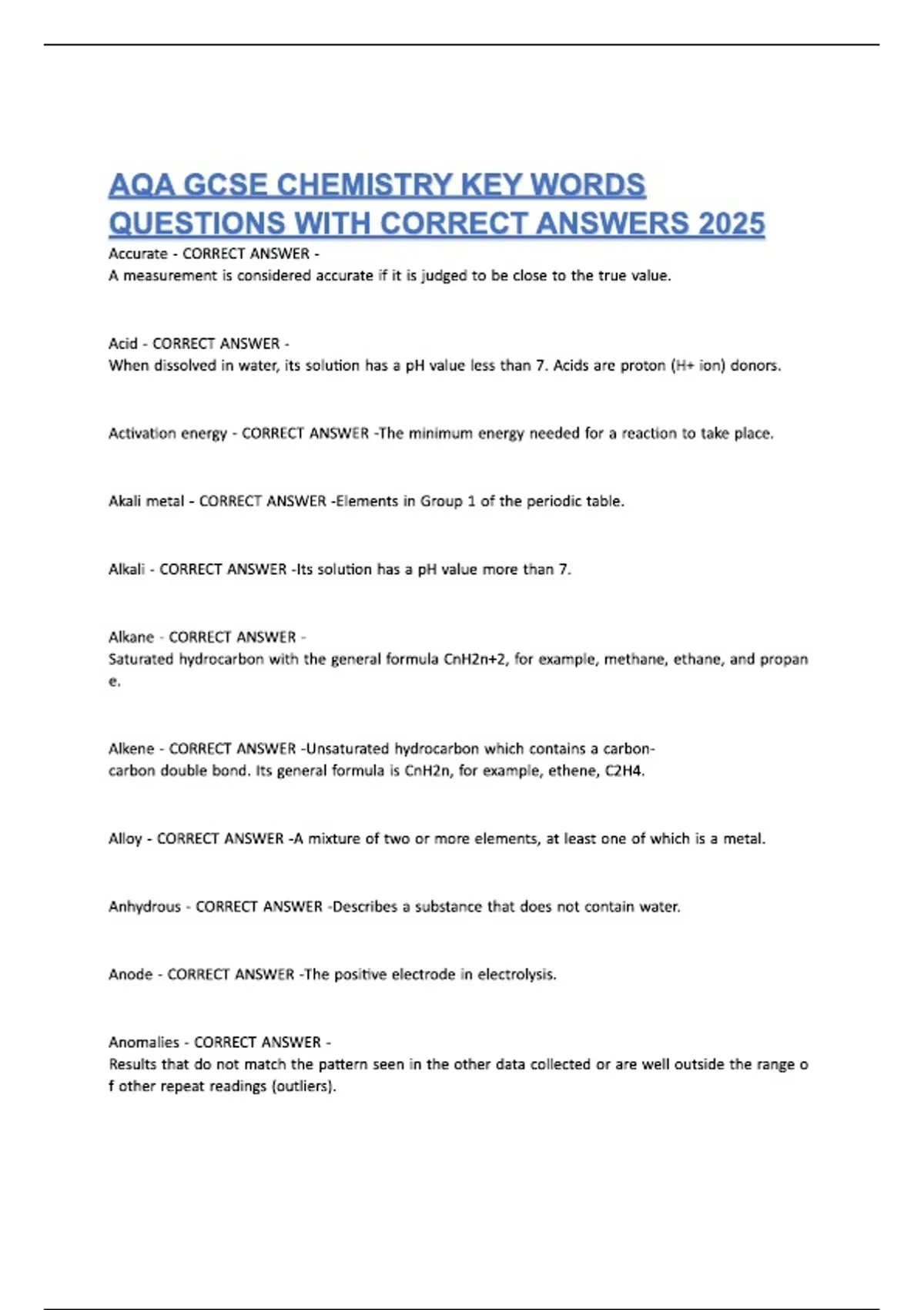 AQA GCSE CHEMISTRY KEY WORDS QUESTIONS WITH CORRECT ANSWERS - AQA GCSE ...