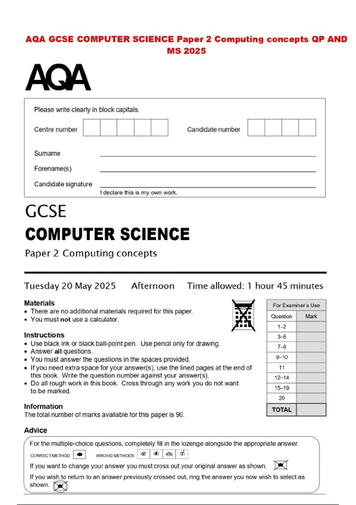 AQA GCSE COMPUTER SCIENCE Paper 2 Computing concepts QP AND MS 2025 ...