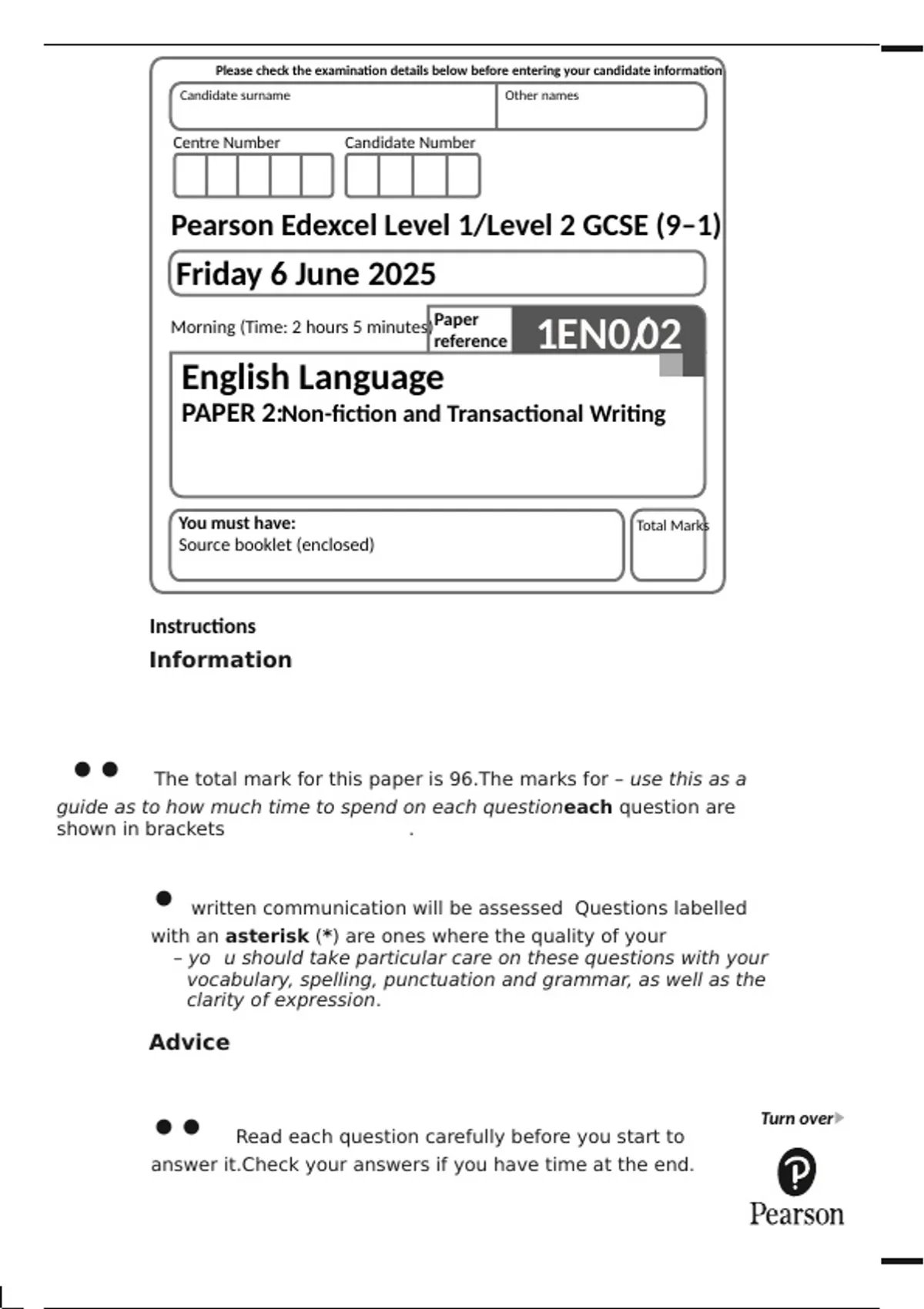 Pearson Edexcel GCSE 2025 English Language – Paper 1: Non‑fiction Texts ...
