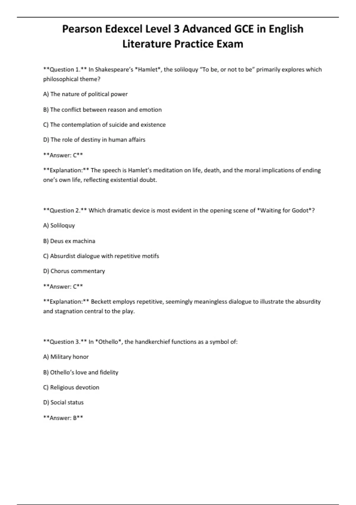 Pearson Edexcel Level 3 Advanced GCE in English Literature Practice ...