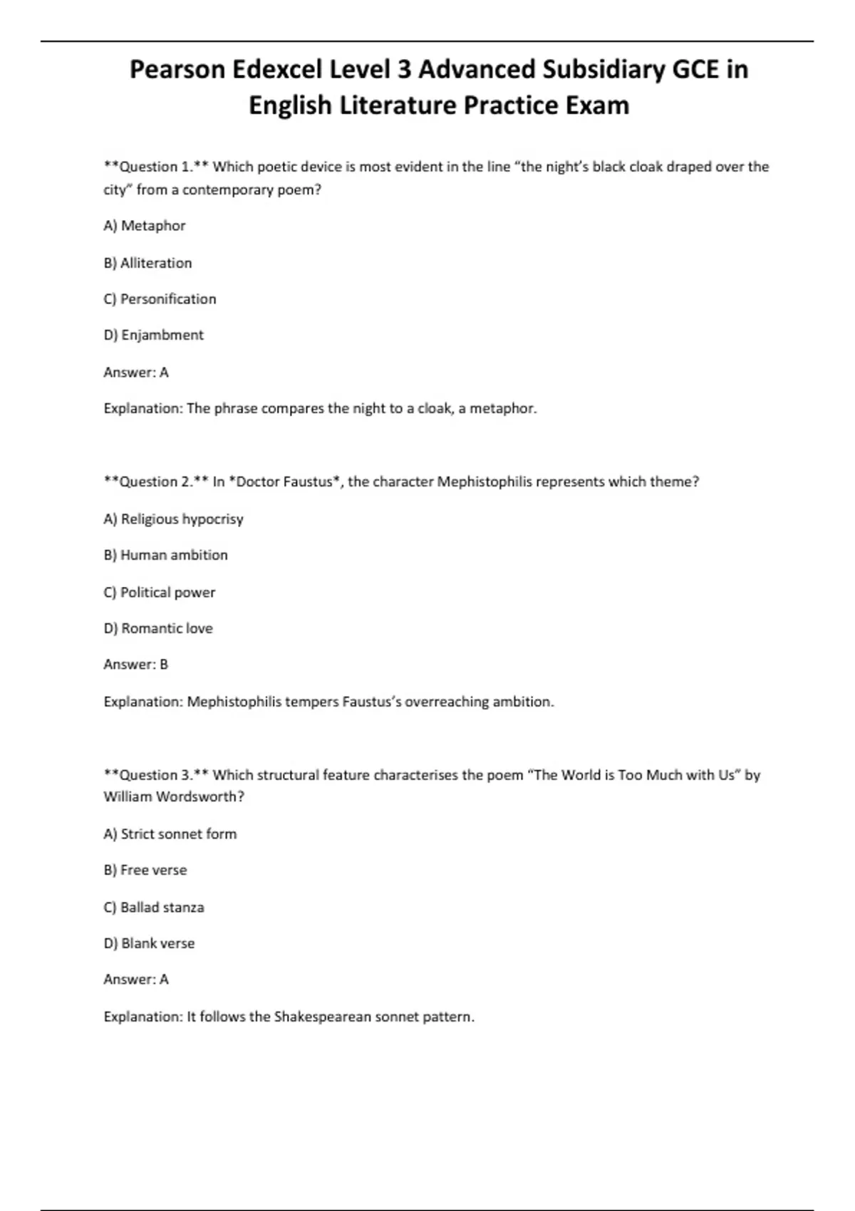 Pearson Edexcel Level 3 Advanced Subsidiary GCE in English Literature ...
