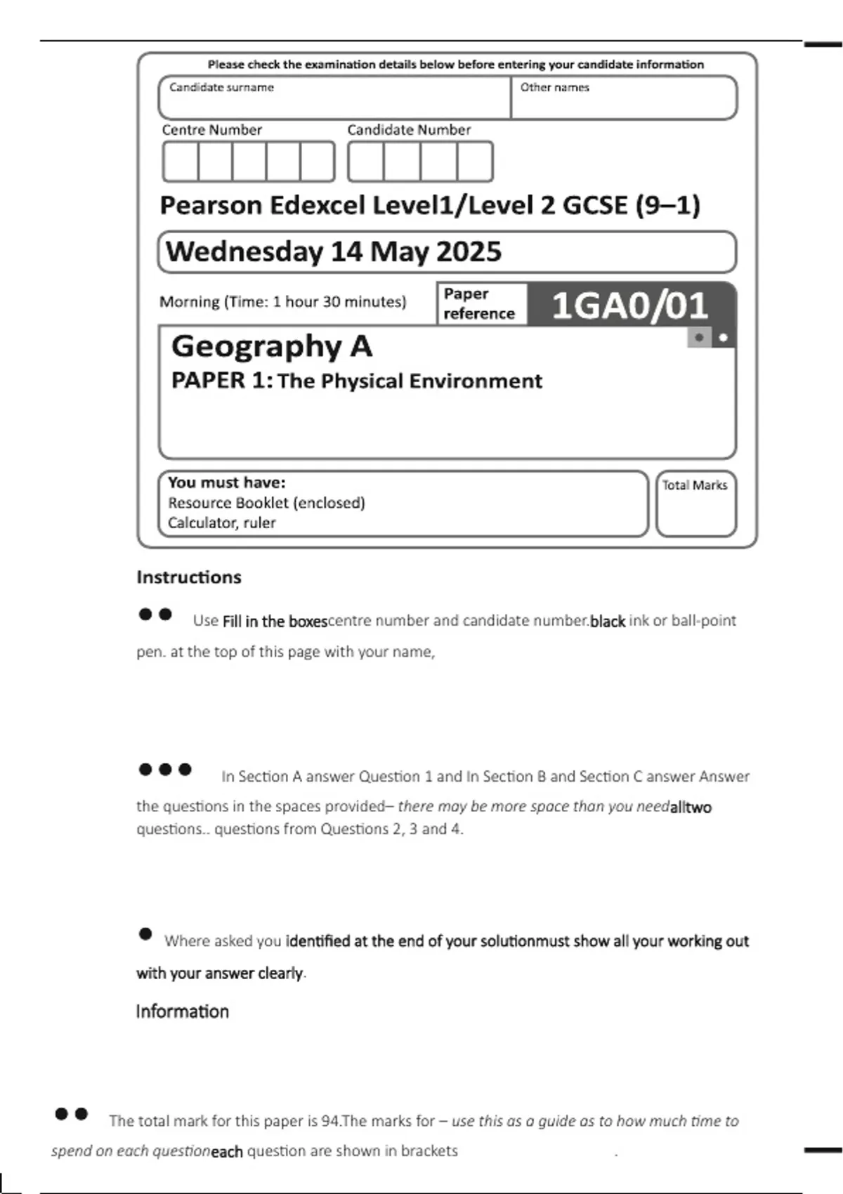 Pearson Edexcel GCSE 2025 Geography A – Paper 1: The Physical ...