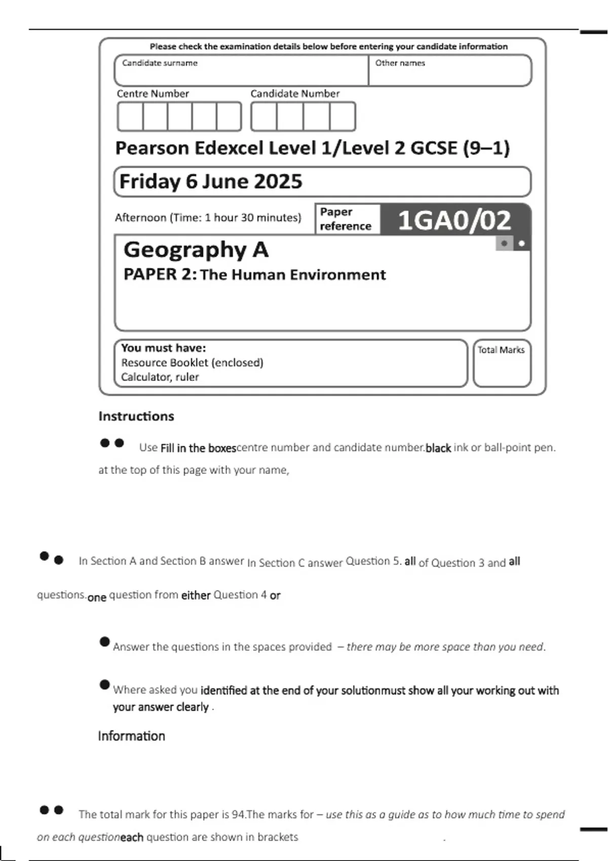 Pearson Edexcel GCSE 2025 Geography A – Paper 2: The Human Environment ...