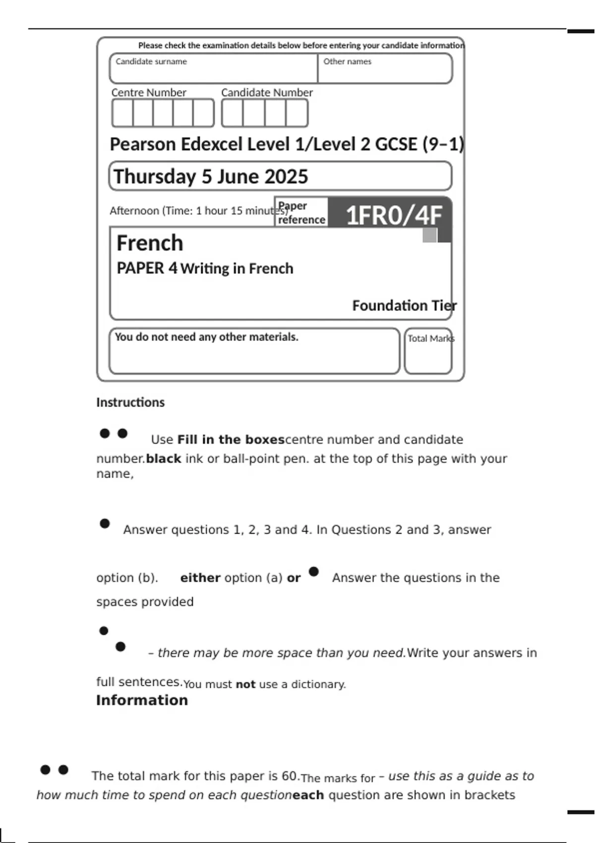 Pearson Edexcel GCSE 2025 French – Paper 4: Writing (Foundation Tier ...