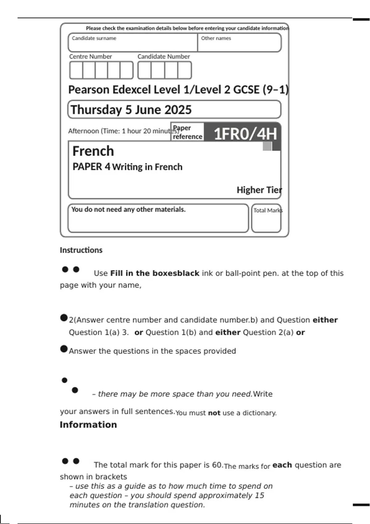 Pearson Edexcel GCSE 2025 French – Paper 4: Writing (Higher Tier) (Exam ...