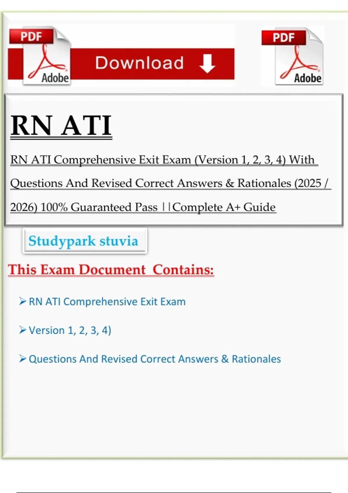 RN ATI Comprehensive Exit Exam (Version 1, 2, 3, 4) With Questions And ...