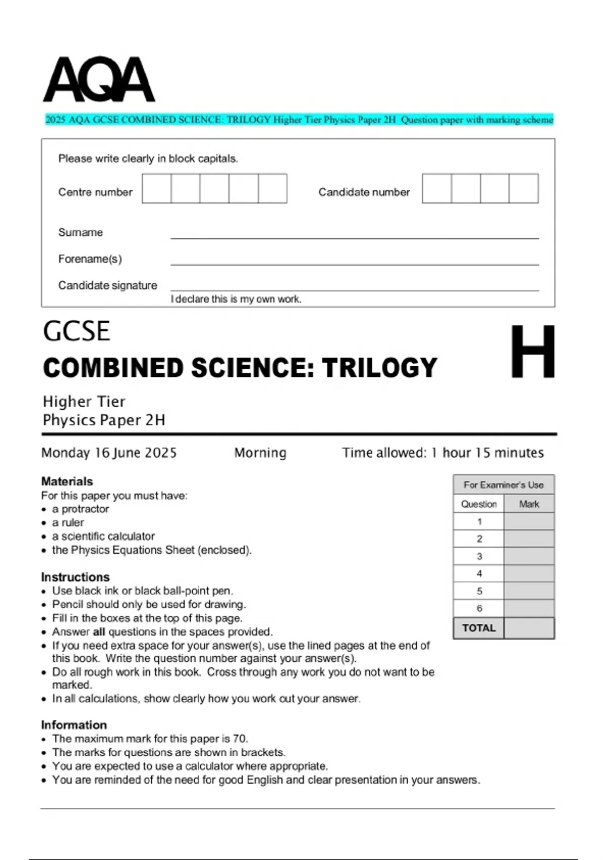 2025 AQA GCSE COMBINED SCIENCE: TRILOGY Higher Tier Physics Paper 2H ...