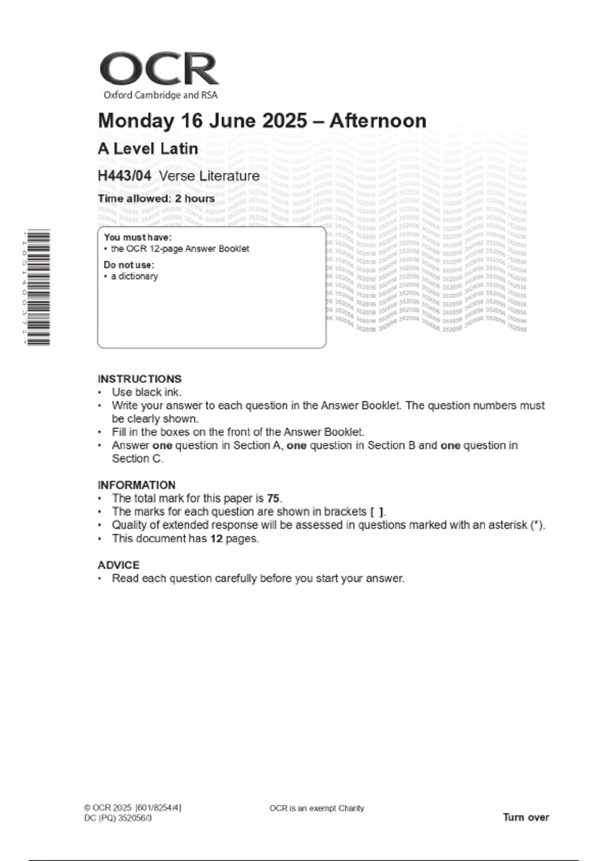 2025 OCR A Level Latin H443/04 Verse Literature Combined Question Paper ...