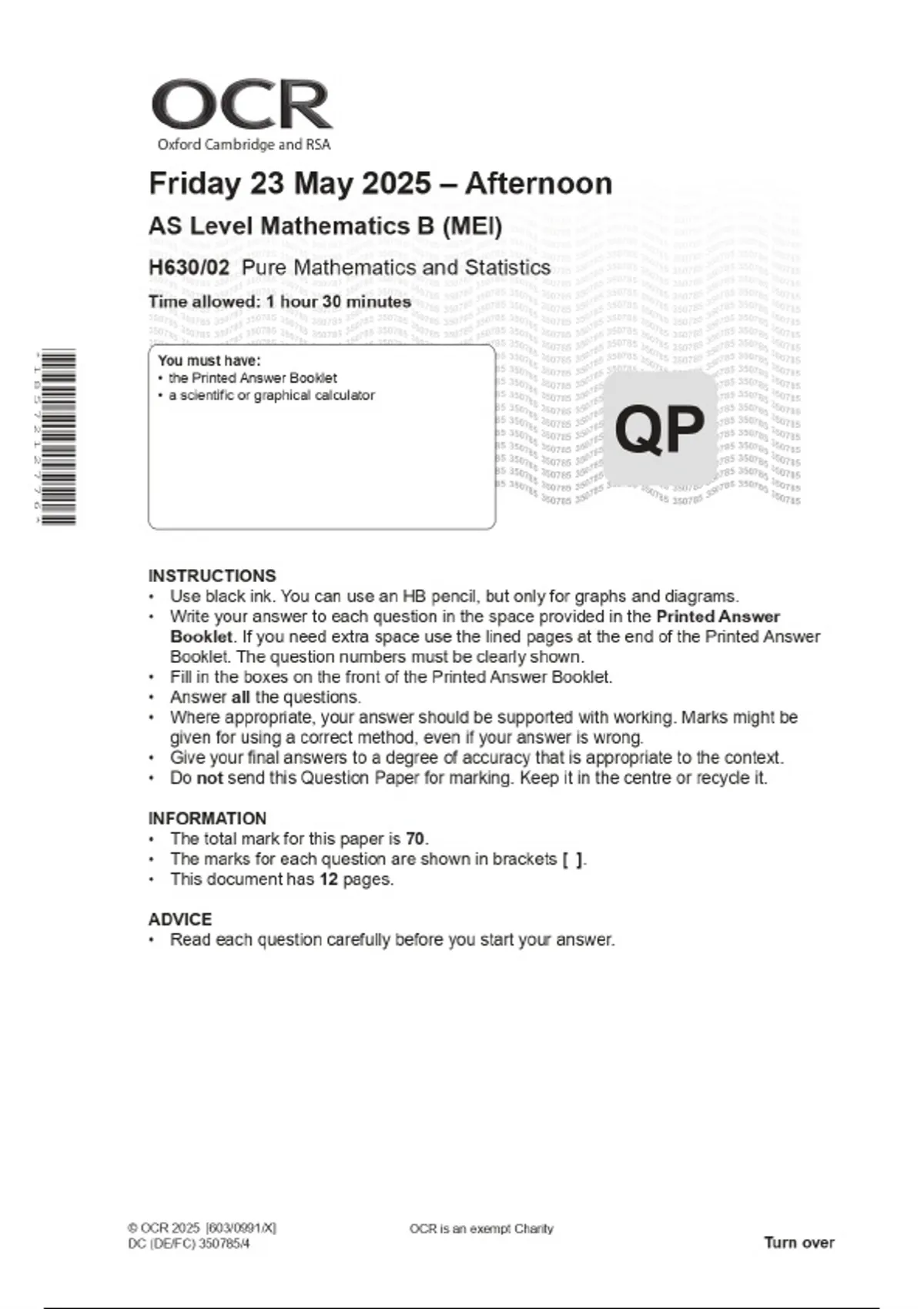 2025 OCR AS Level Mathematics B (MEI) H630/02 Pure Mathematics and Statistics Combined Question ...