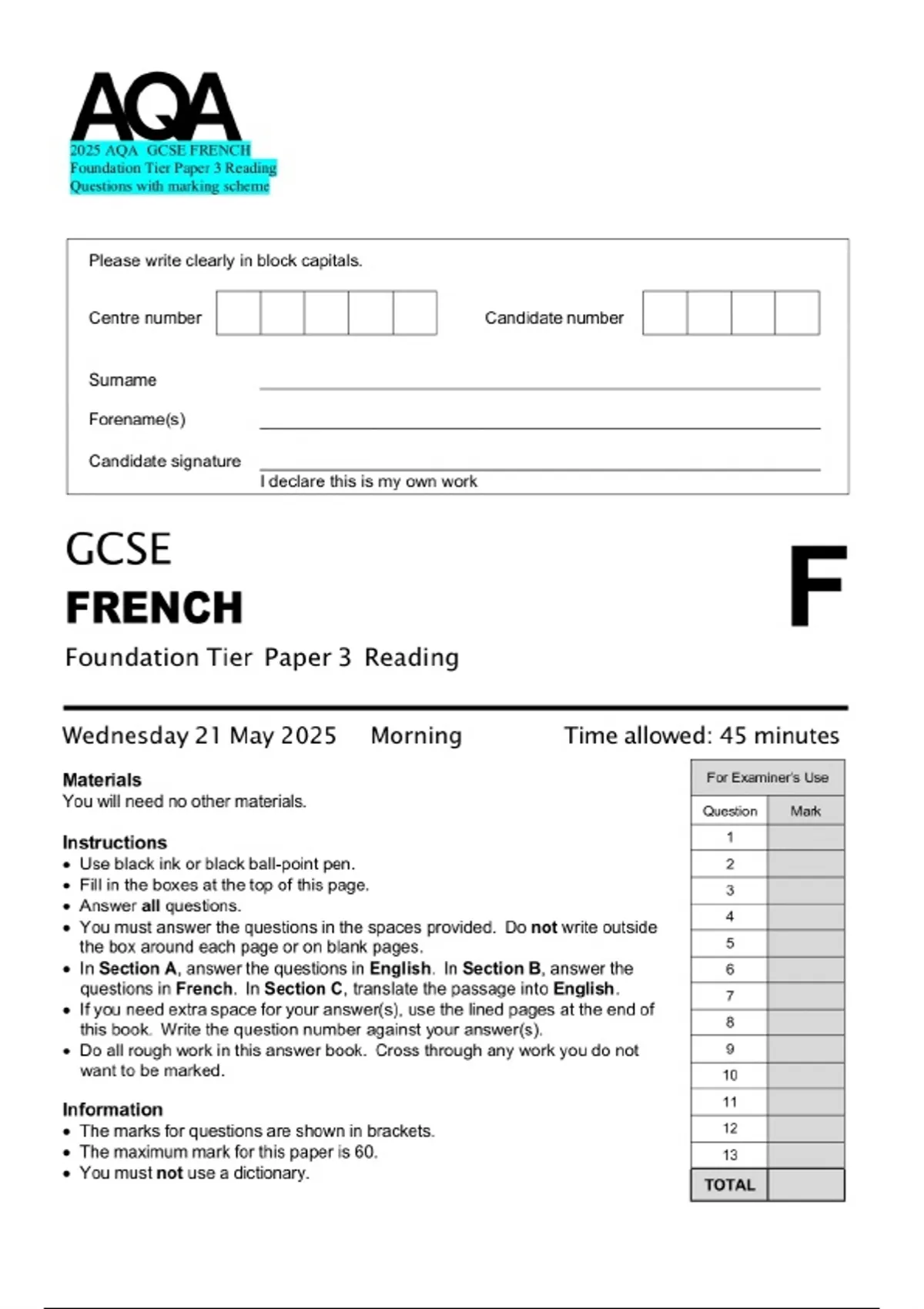 2025 AQA GCSE FRENCH Foundation Tier Paper 3 Reading Questions with ...