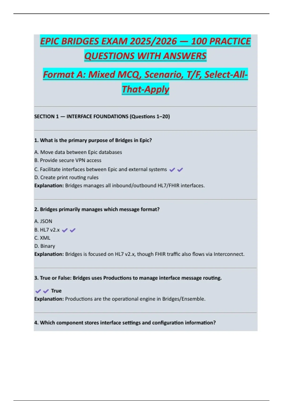 EPIC BRIDGES EXAM 2025/2026 — 100 PRACTICE QUESTIONS WITH ANSWERS Format A: Mixed MCQ, Scenario ...