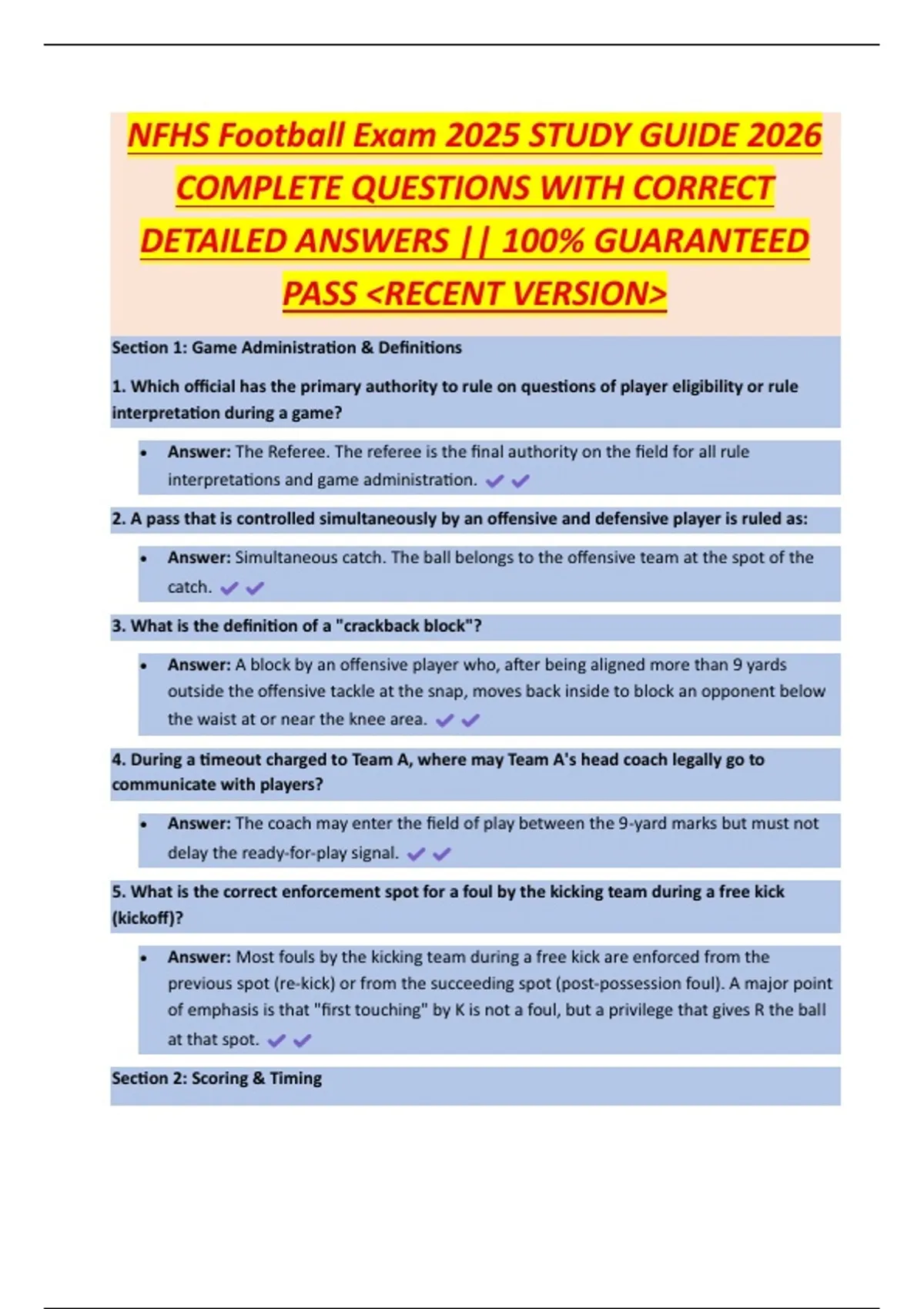 NFHS Football Exam 2025 STUDY GUIDE 2026 COMPLETE QUESTIONS WITH ...