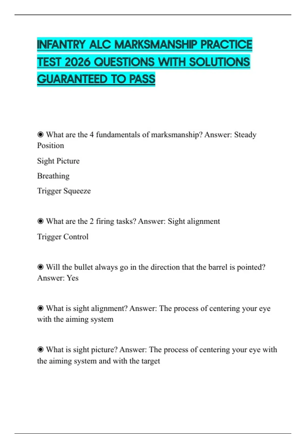 INFANTRY ALC MARKSMANSHIP PRACTICE TEST 2026 QUESTIONS WITH SOLUTIONS ...