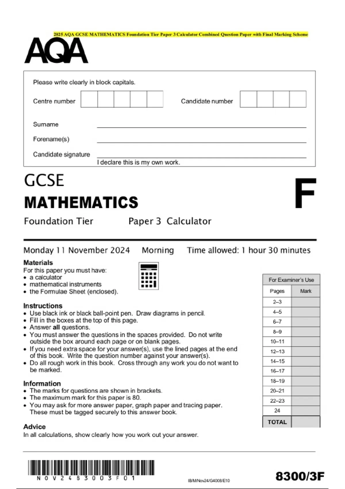 2025 AQA GCSE MATHEMATICS Foundation Tier Paper 3 Calculator Combined ...