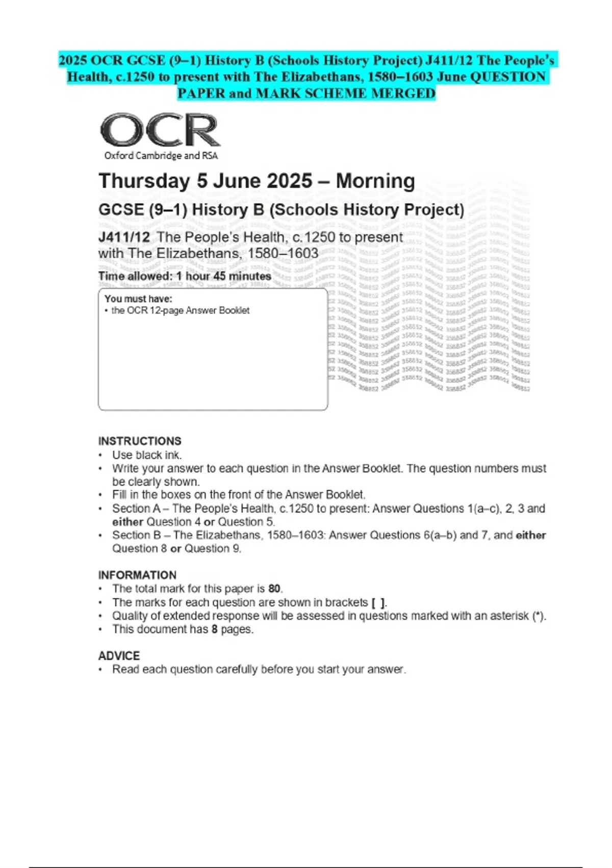 2025 OCR GCSE (9–1) History B (Schools History Project) J411/12 The ...