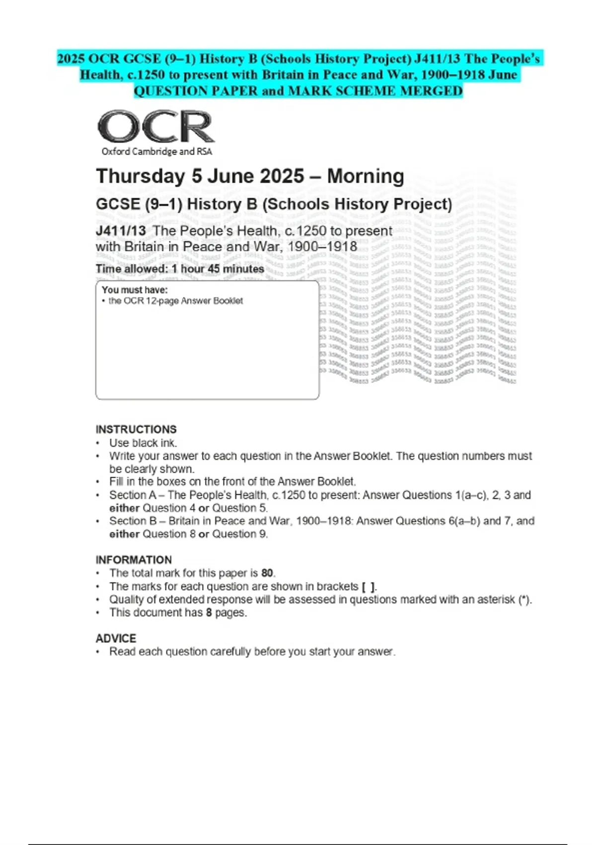 2025 OCR GCSE (9–1) History B (Schools History Project) J411/13 The ...
