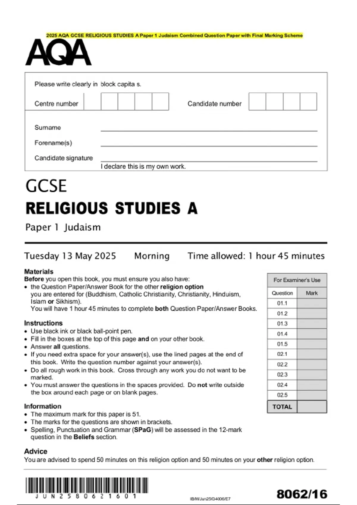 2025 AQA GCSE RELIGIOUS STUDIES A Paper 1 Judaism Combined Question ...
