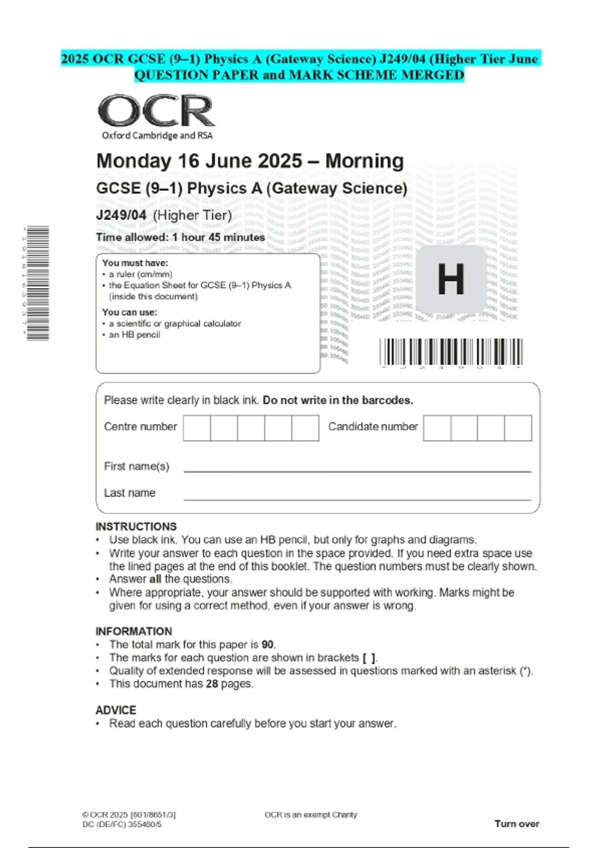 2025 OCR GCSE (9-1) Physics A (Gateway Science) J249/04 (Higher Tier ...