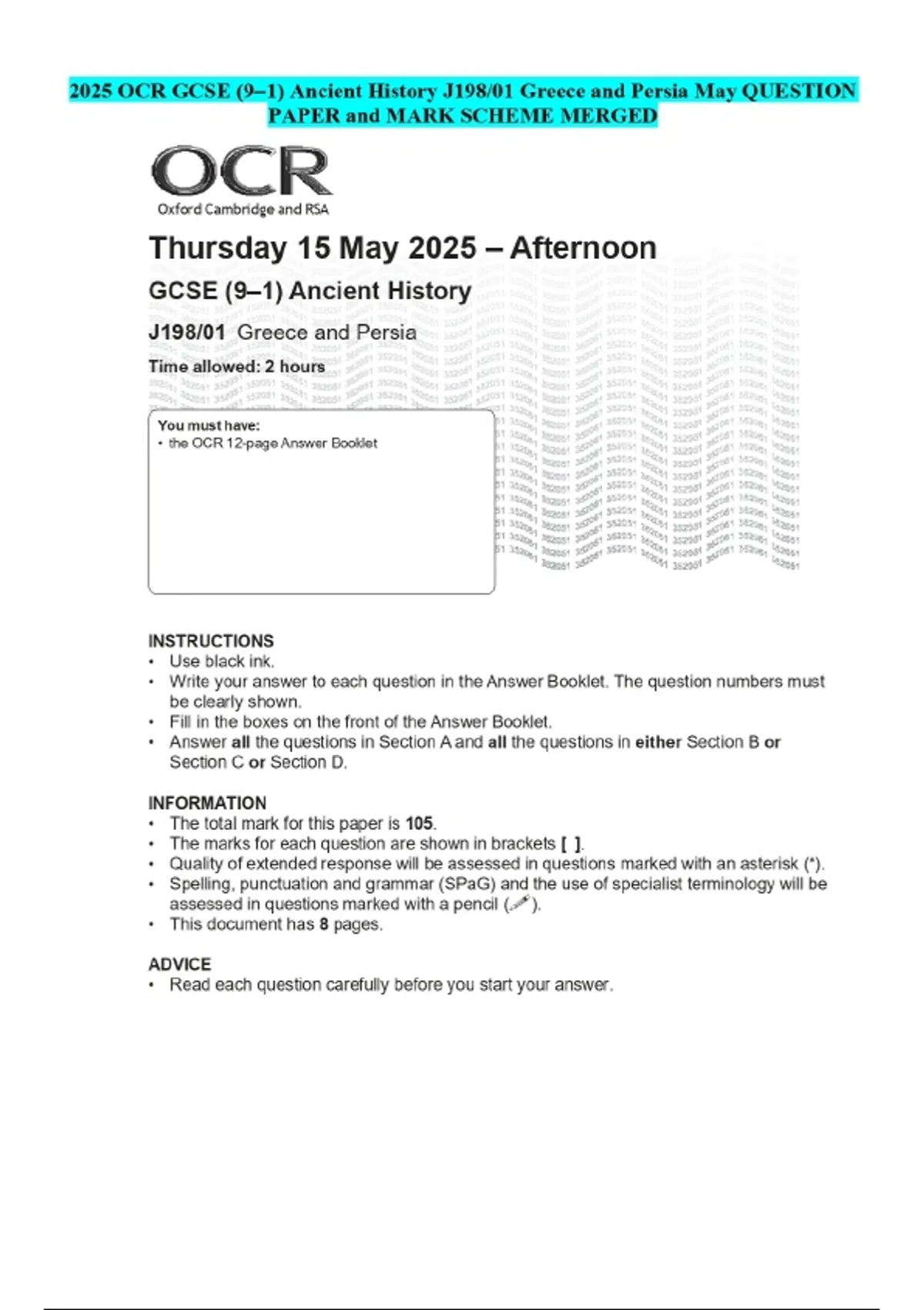 2025 OCR GCSE (9-1) Ancient History J198/01 Greece and Persia May ...