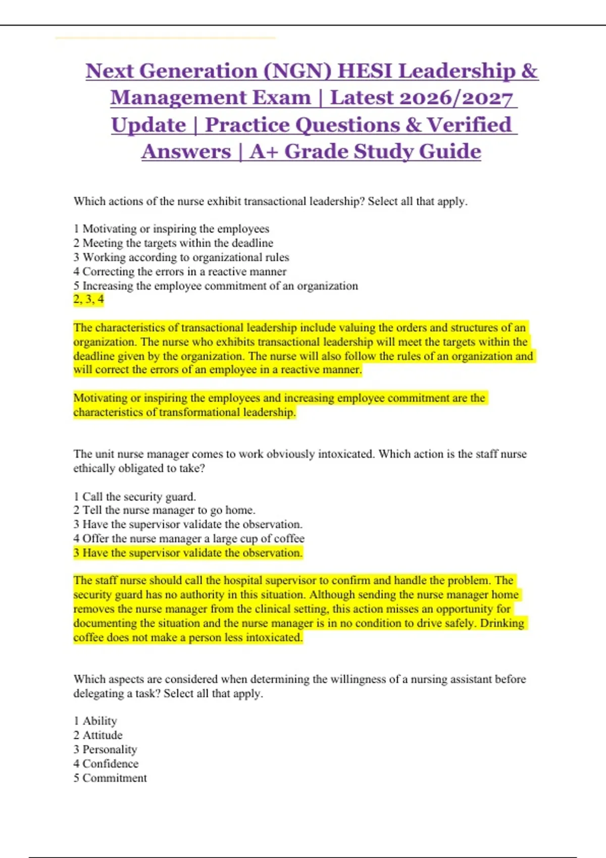 Next Generation (NGN) HESI Leadership & Management Exam | Latest 2026/ ...