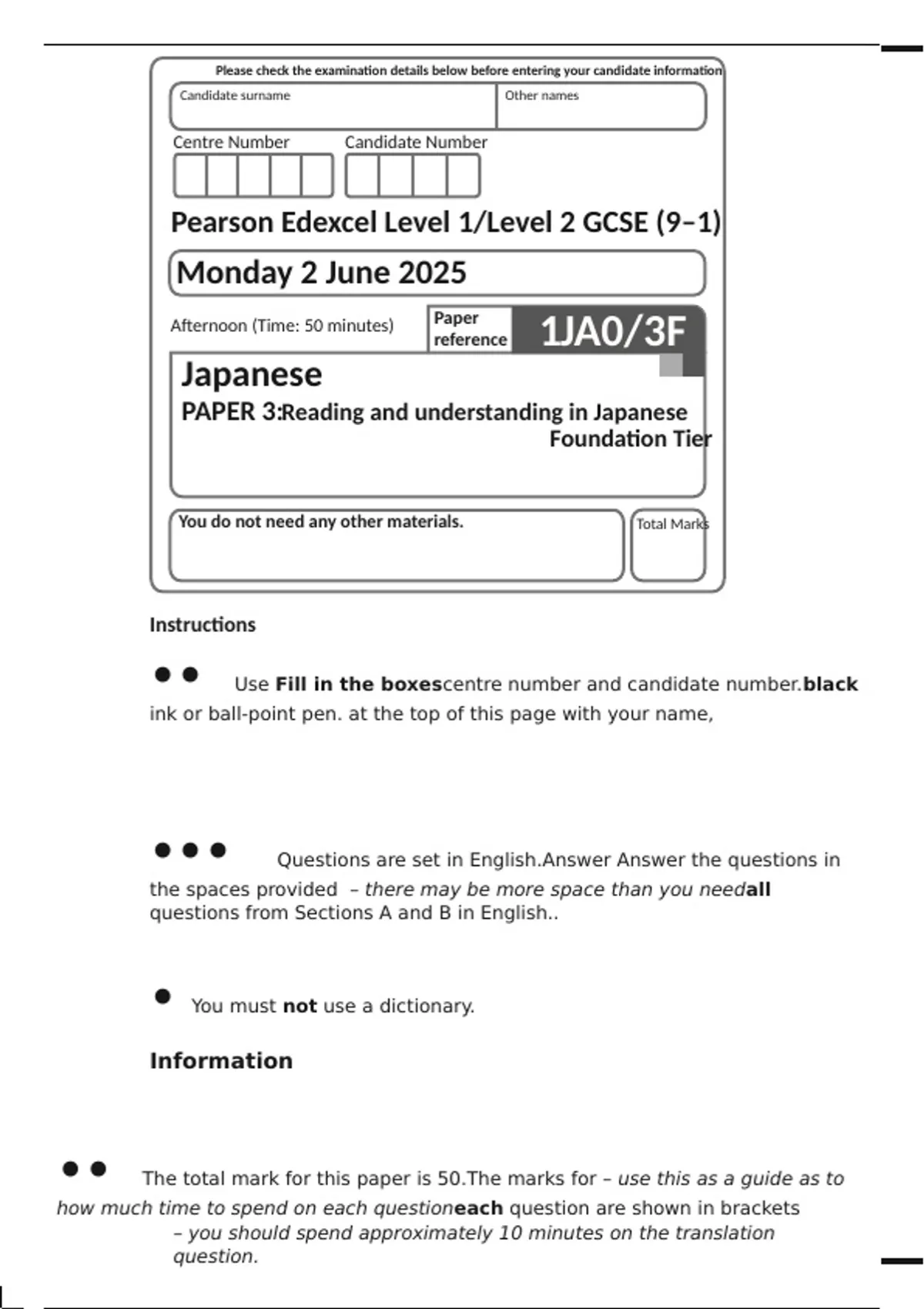 Pearson Edexcel GCSE Japanese 2025 | Paper 1: Reading (Foundation Tier ...