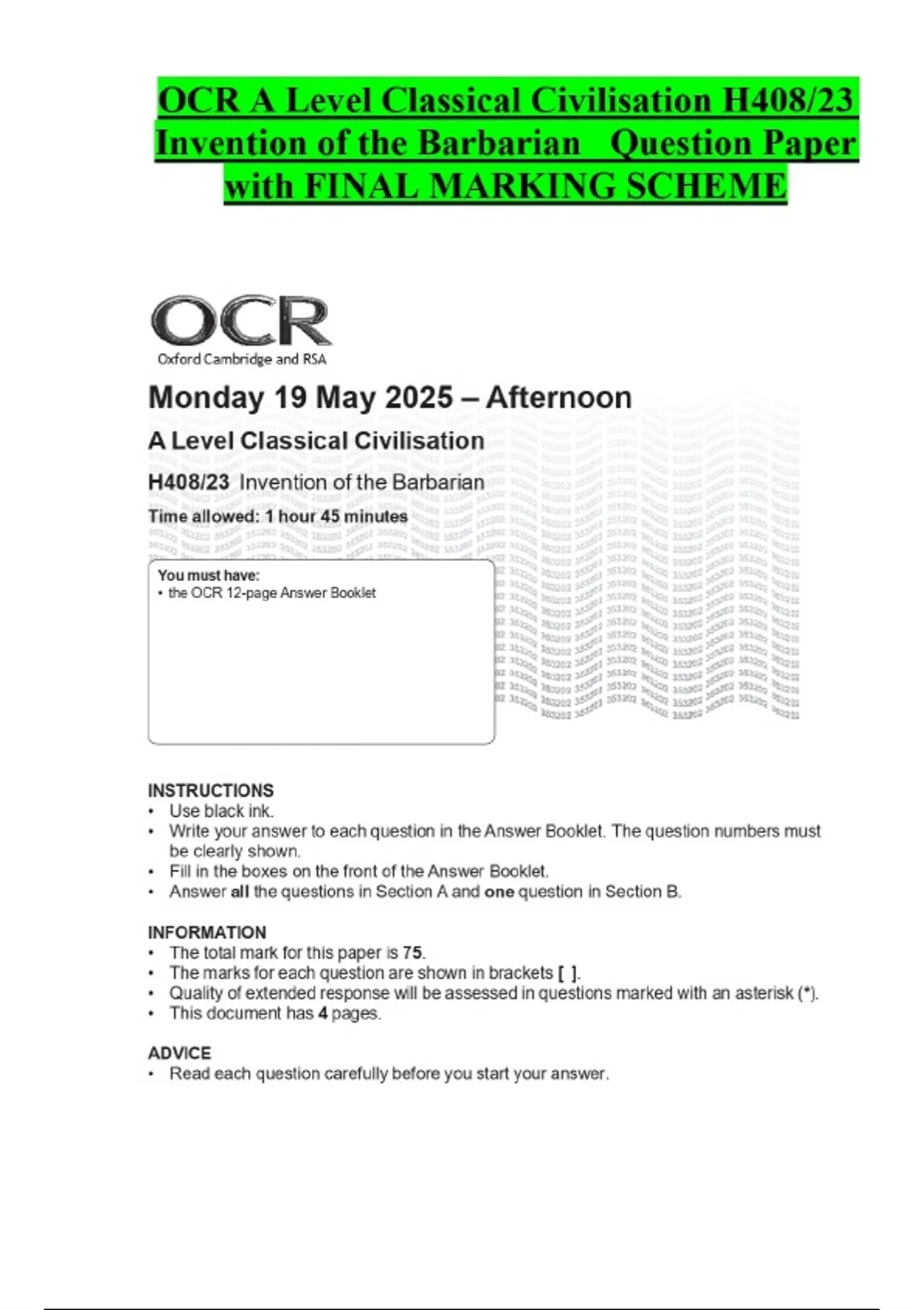 OCR A Level Classical Civilisation H408/23 Invention of the Barbarian ...
