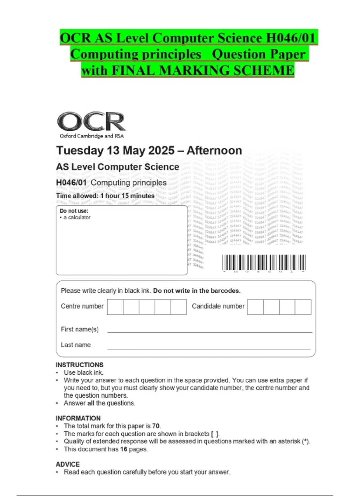 OCR AS Level Computer Science H046/01 Computing principles Question ...