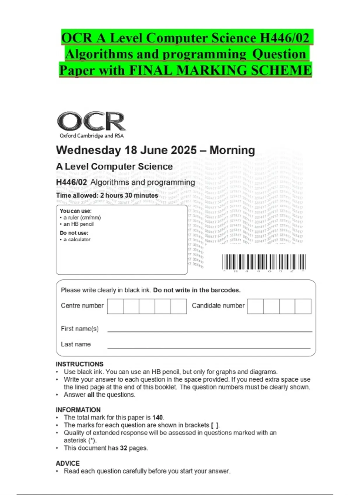 OCR A Level Computer Science H446/02 Algorithms and programming Question Paper with FINAL ...