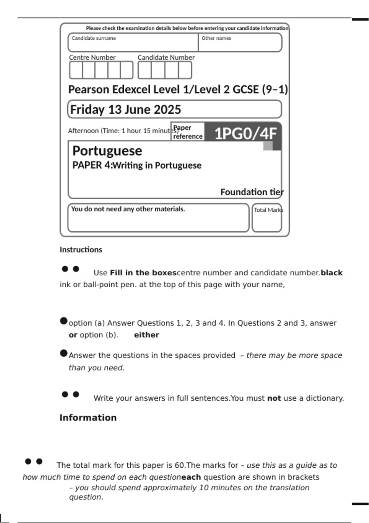 Pearson Edexcel GCSE Portuguese Writing Paper (Foundation Tier) 2025 ...