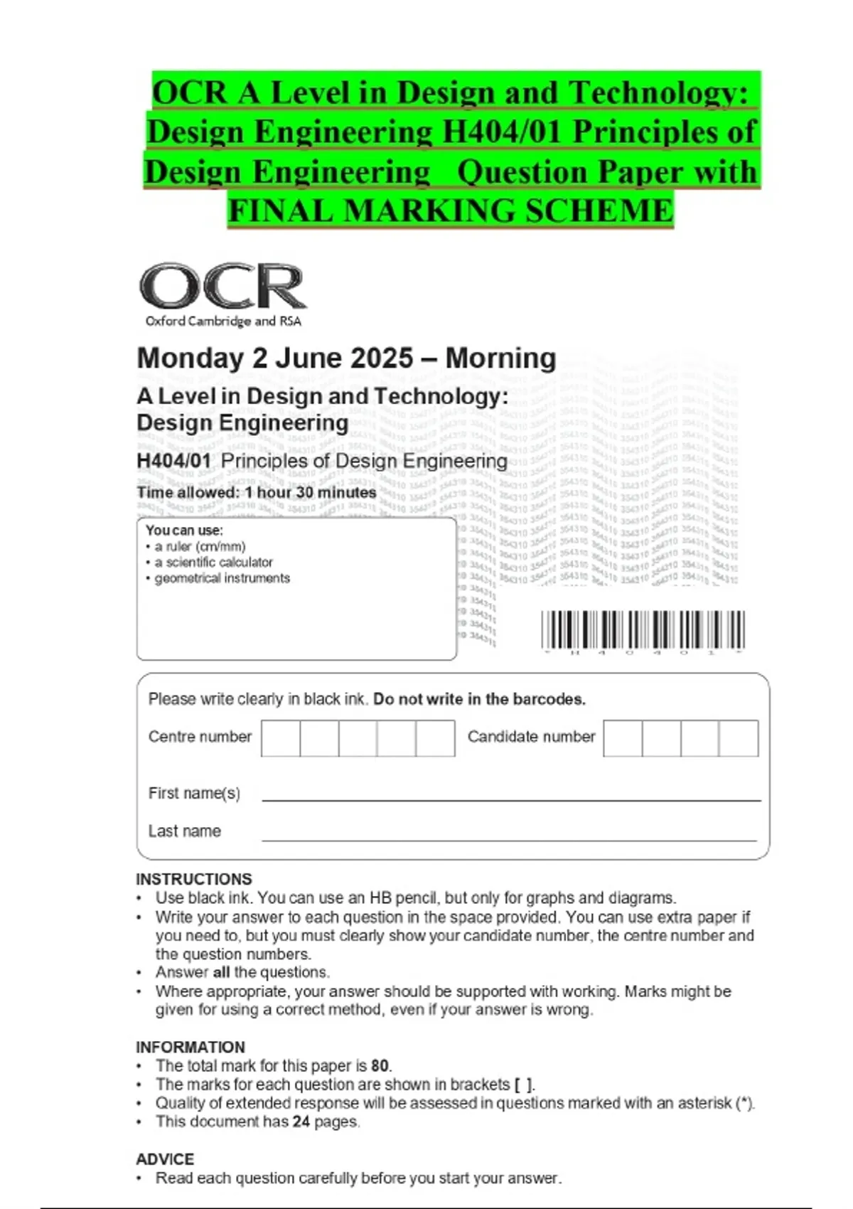 OCR A Level in Design and Technology: Design Engineering H404/01 ...