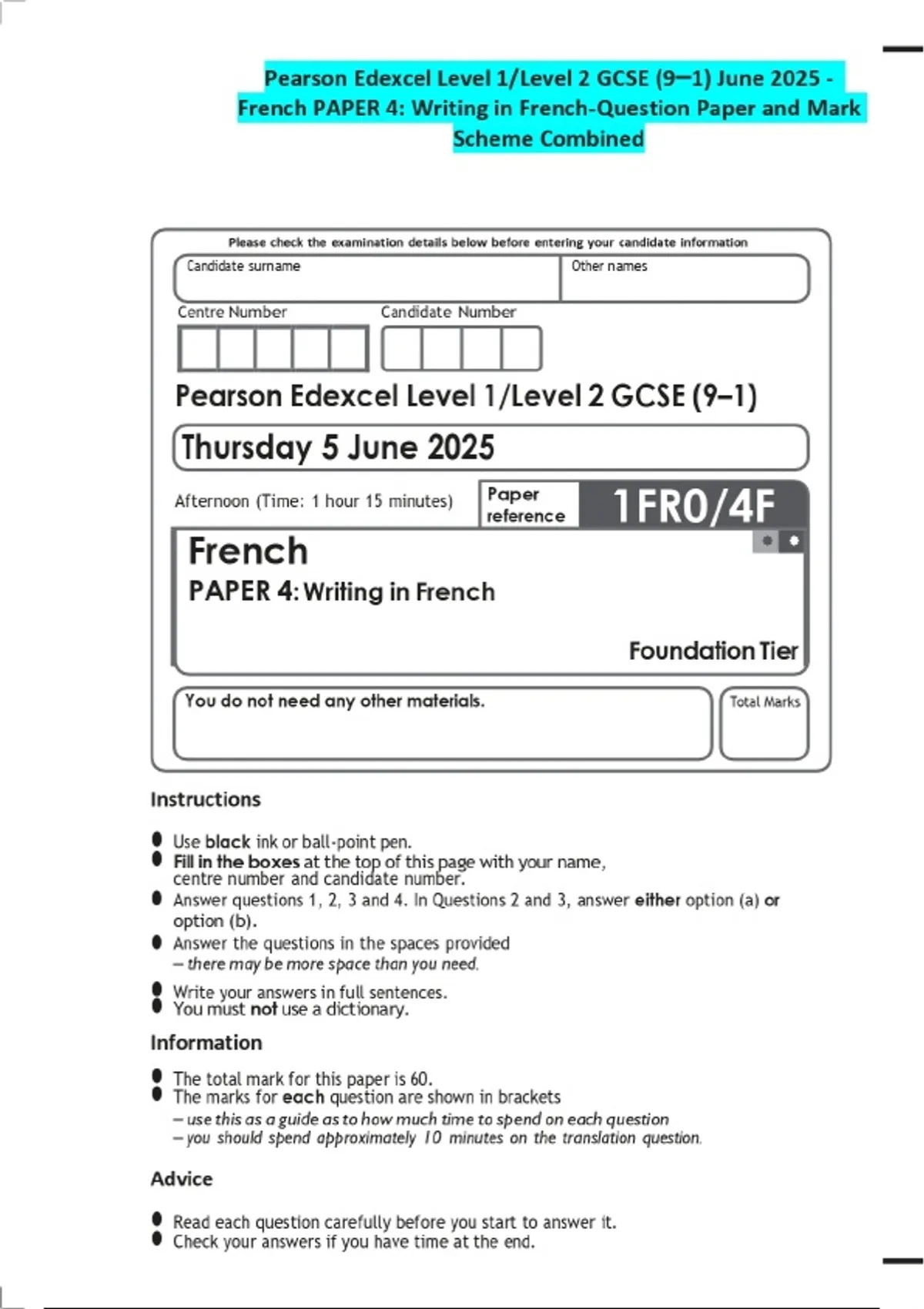 Pearson Edexcel Level 1/Level 2 GCSE (9—1) June 2025 - French PAPER 4 ...