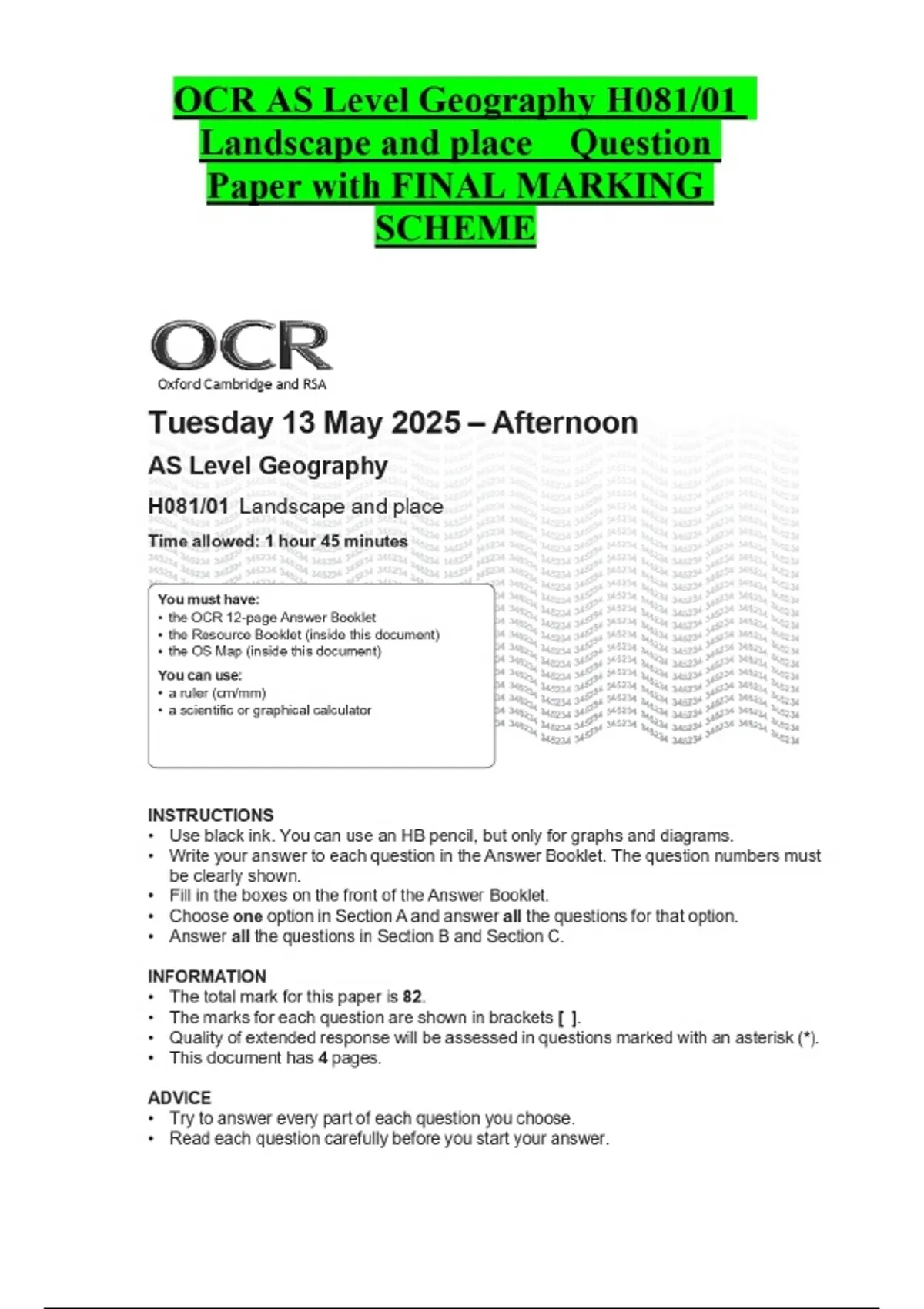OCR AS Level Geography H081/01 Landscape and place Question Paper with ...