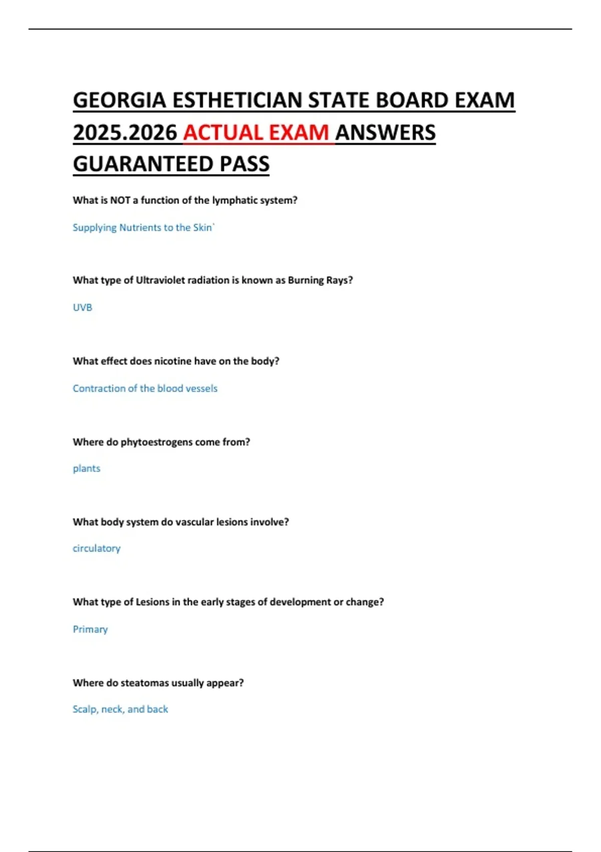 GEORGIA ESTHETICIAN STATE BOARD EXAM 2025.2026 ACTUAL EXAM ANSWERS ...