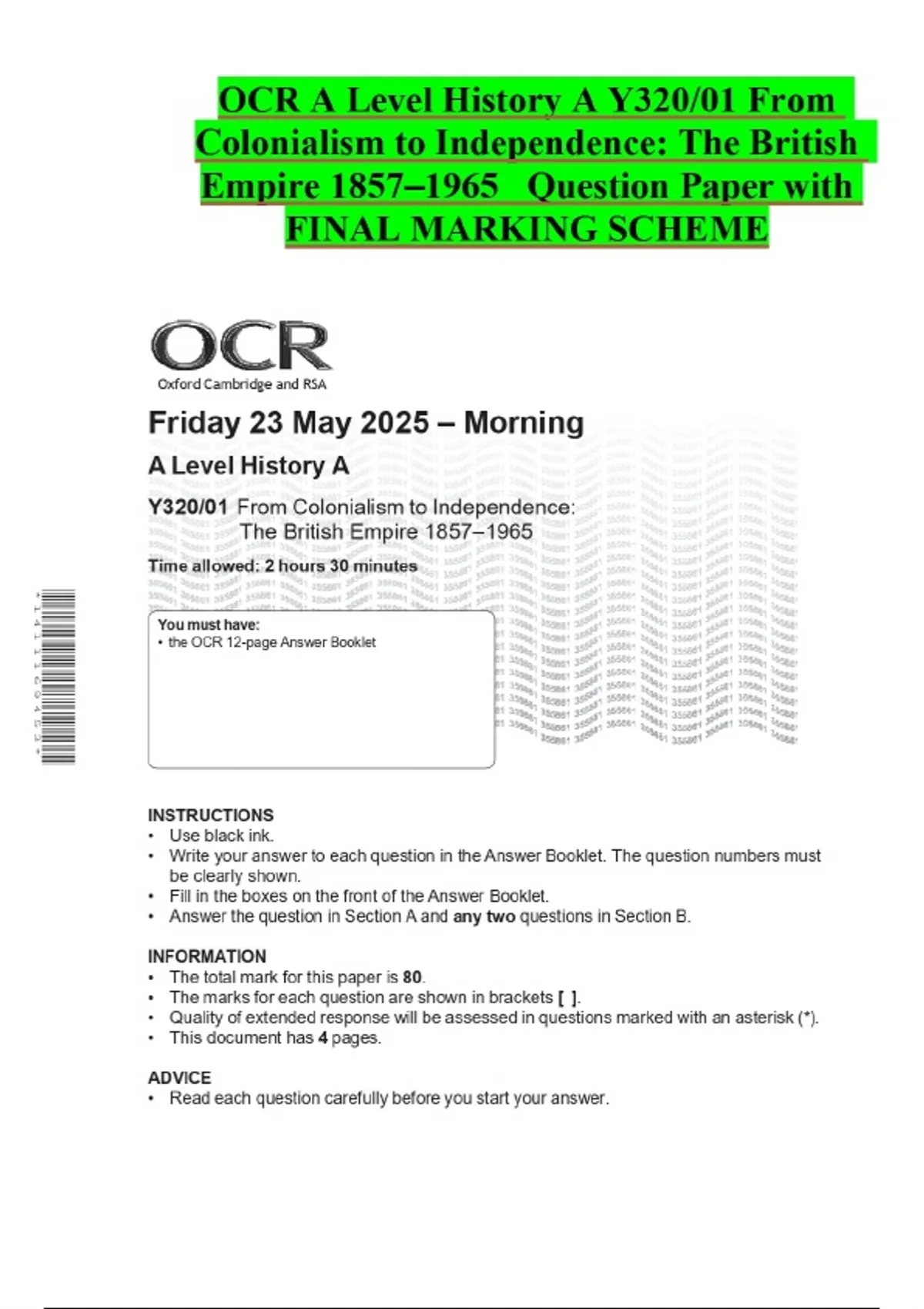 OCR A Level History A Y320/01 From Colonialism to Independence: The ...