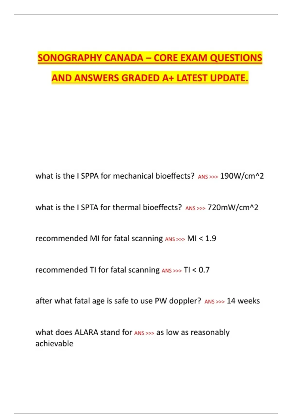 Sonography Canada – Core Exam Comprehensive Questions and Answers ...