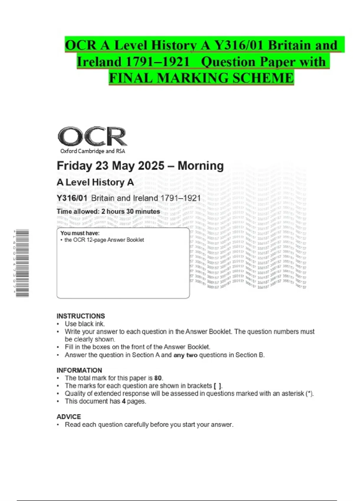 OCR A Level History A Y316/01 Britain and Ireland 1791–1921 Question ...