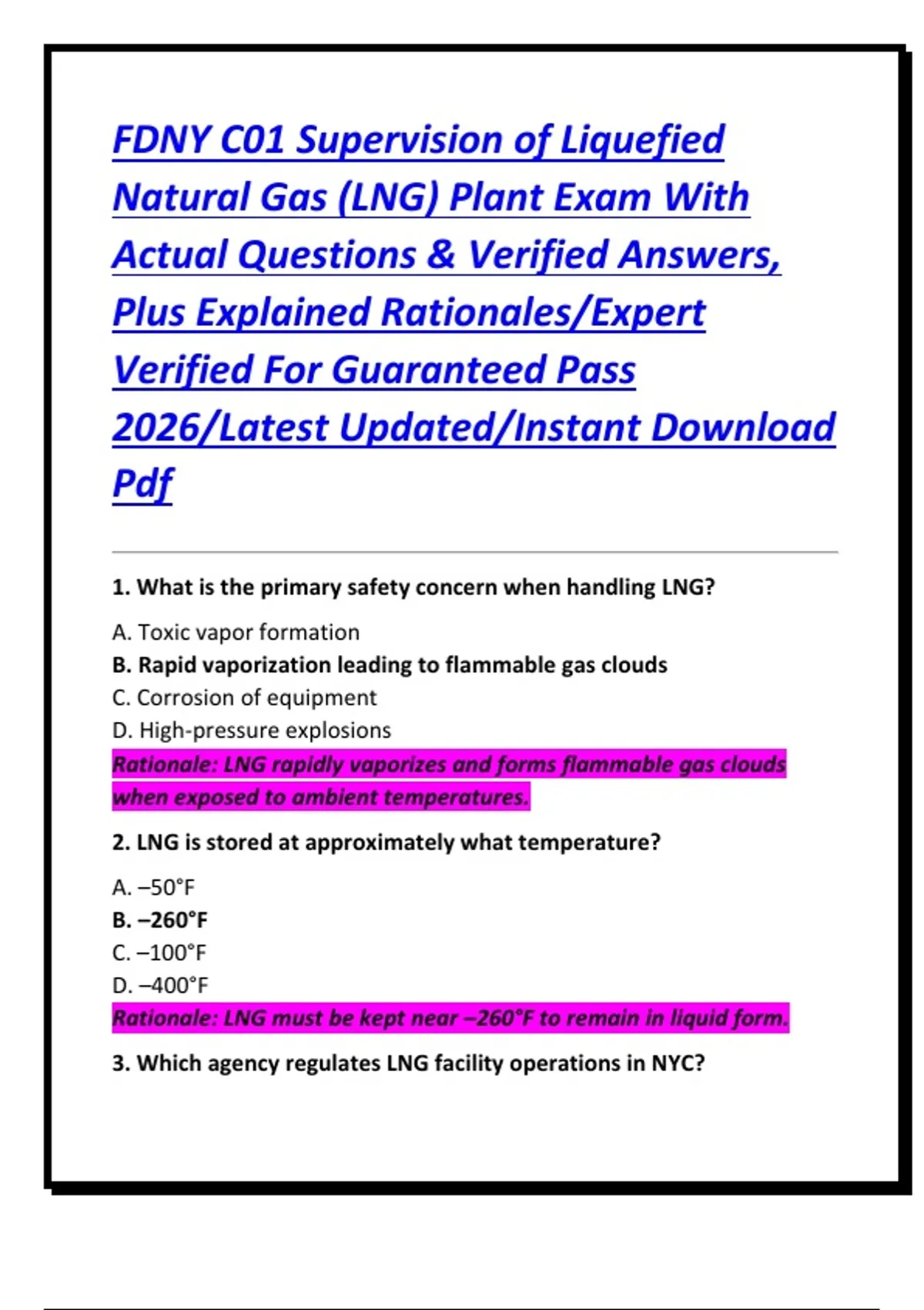 FDNY C01 Supervision of Liquefied Natural Gas (LNG) Plant Exam With ...