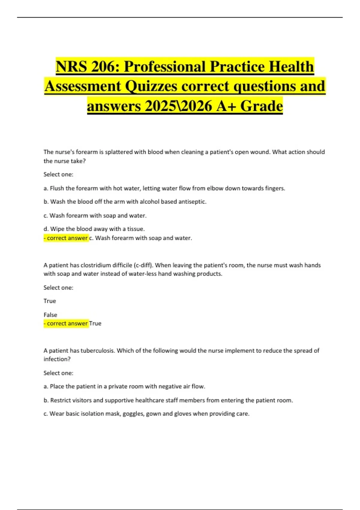 NRS 206: Professional Practice Health Assessment | Verified Quiz ...