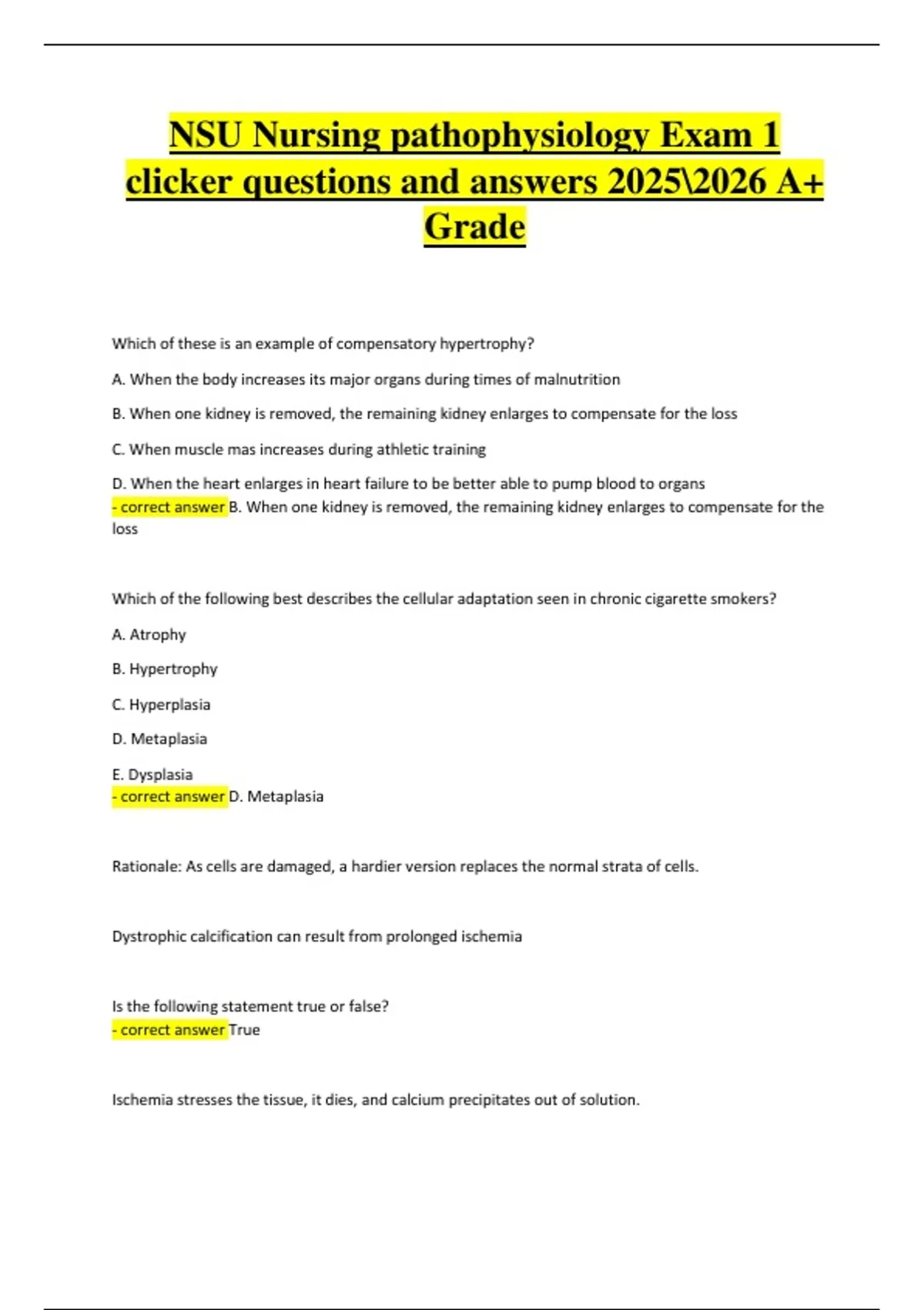 NSU Nursing Pathophysiology Exam 1 | Clicker Questions & Correct ...