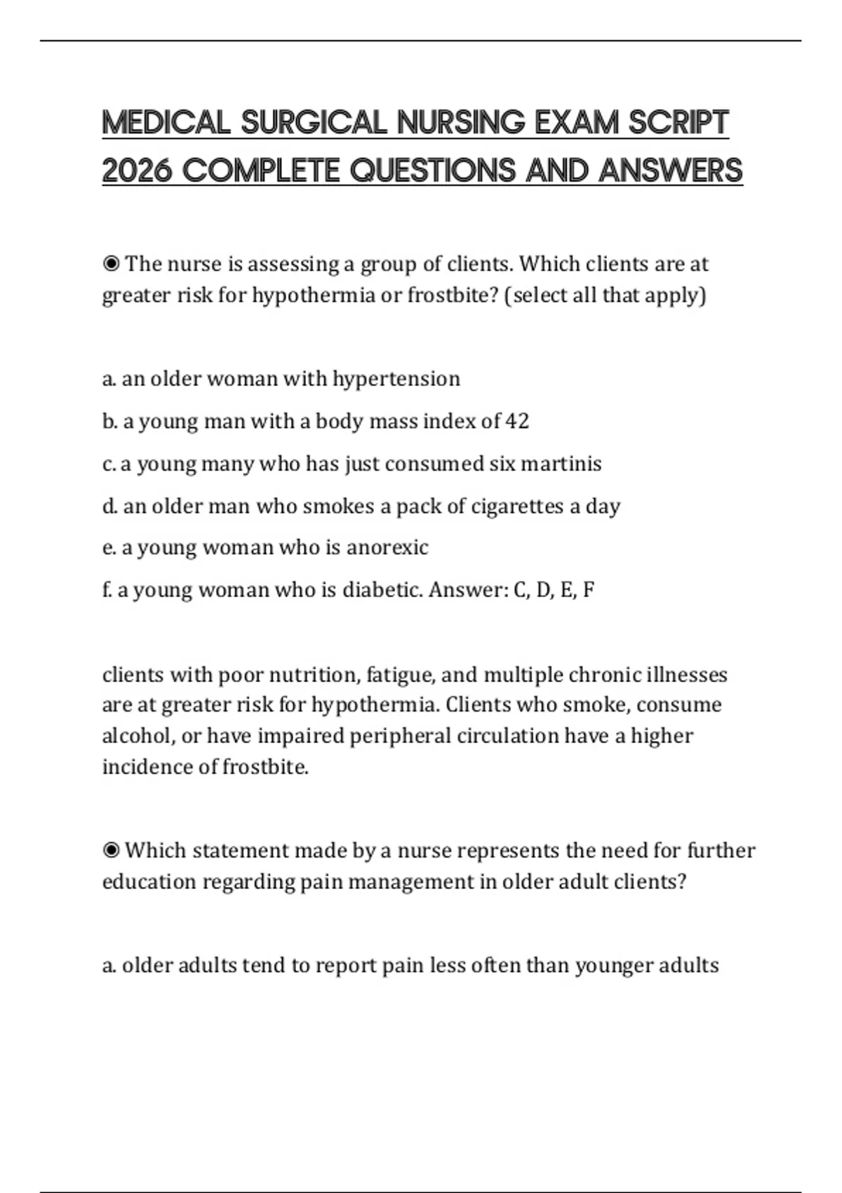 MEDICAL SURGICAL NURSING EXAM SCRIPT 2026 COMPLETE QUESTIONS AND ...