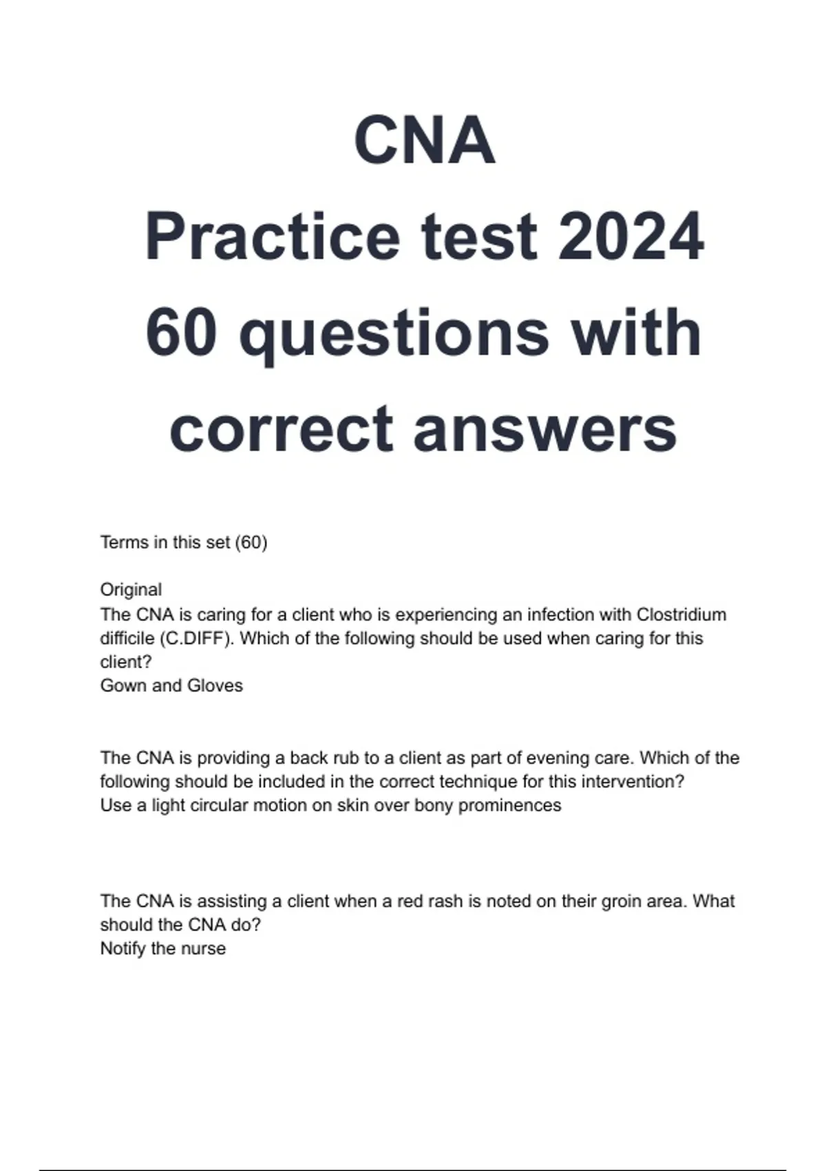 CNA Practice Test Questions with Verified Answers – Rated A+ Study ...