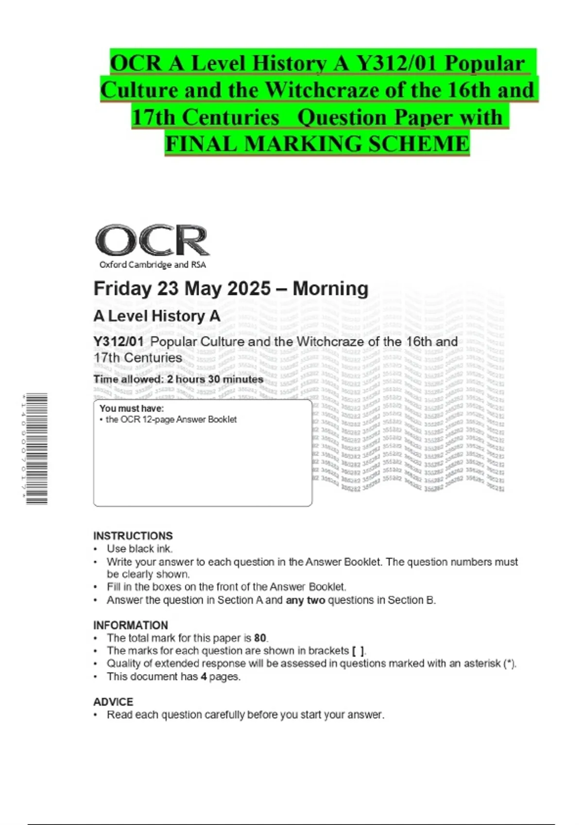 OCR A Level History A Y312/01 Popular Culture and the Witchcraze of the ...