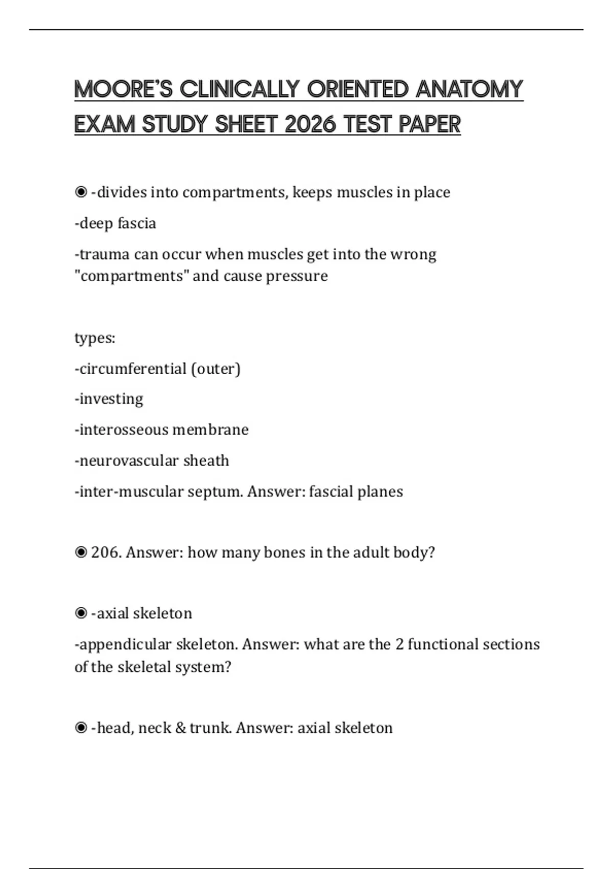 MOORE’S CLINICALLY ORIENTED ANATOMY EXAM STUDY SHEET 2026 TEST PAPER ...